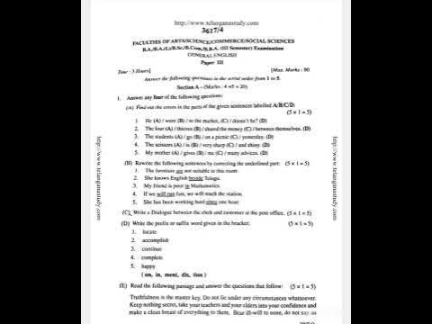 3rd sem English part 1 question paper Kakatiya University - YouTube