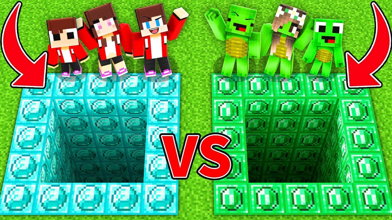 JJ vs Mikey Family DIAMOND PIT vs EMERALD PIT Battle in Minecraft Challenge - Maizen JJ and ...