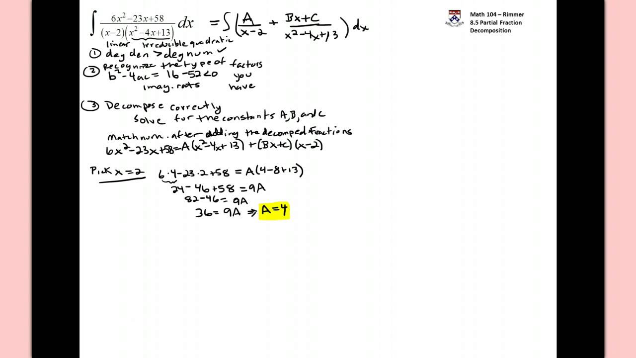 Partial Fraction Example 2 Irreducible Quadratic - YouTube