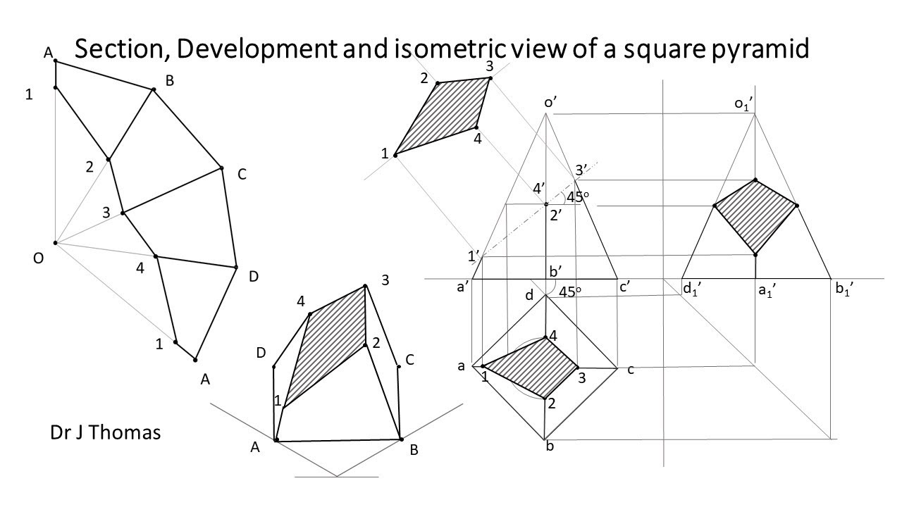 Projection, section, development of lateral surface and isometric view ...