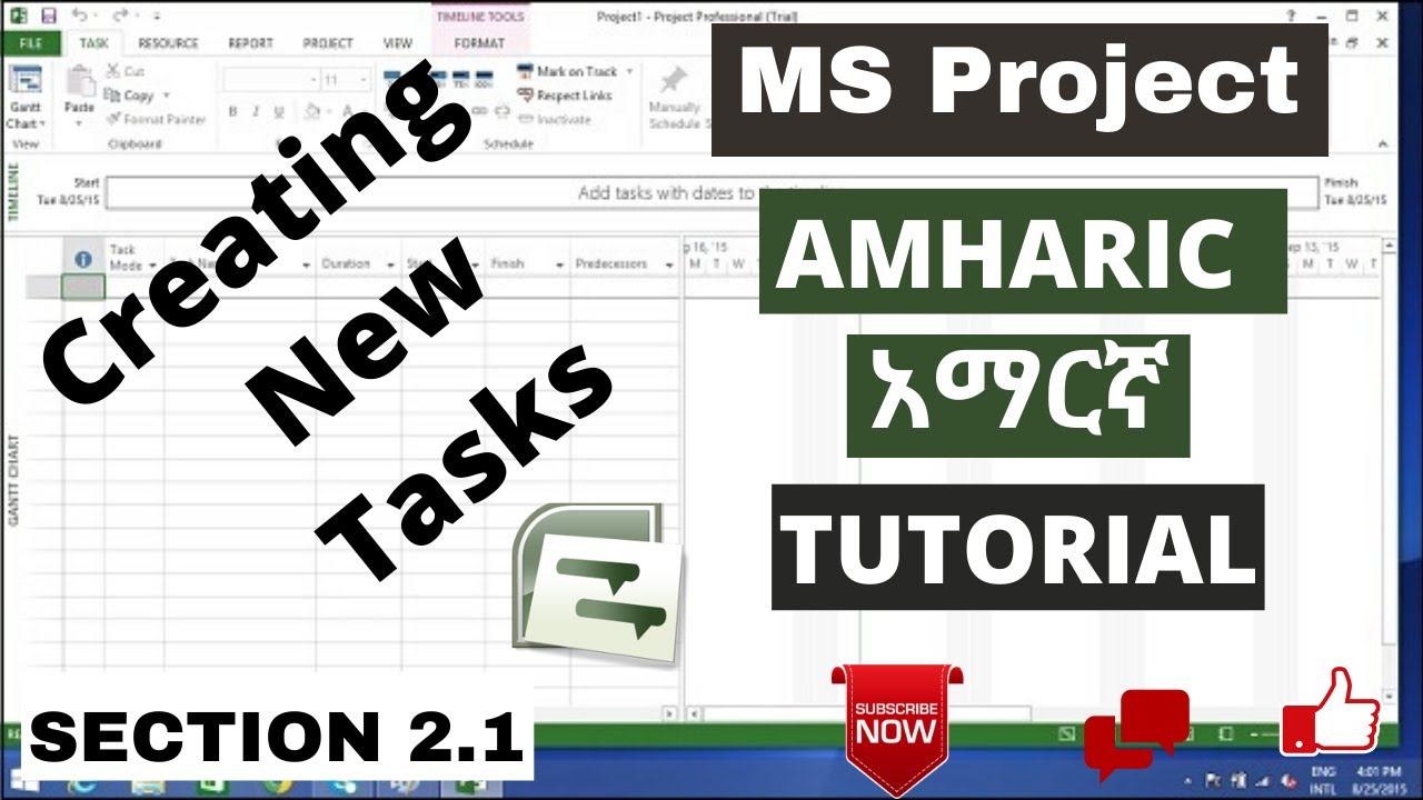 Ms Project Amharic አማርኛ Tutorial From Beginners To Advance Creating New Tasks Section 21 Youtube