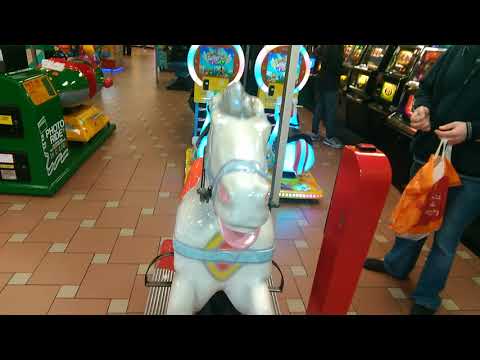 Silver the pony kiddie ride with jolly roger's 1998 messages and low volume