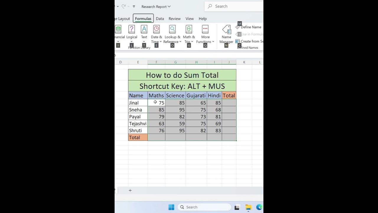 Shortcut Key of SUM Function to calculate Total Marks in Excel#shorts #shortvideo #exceltips ...