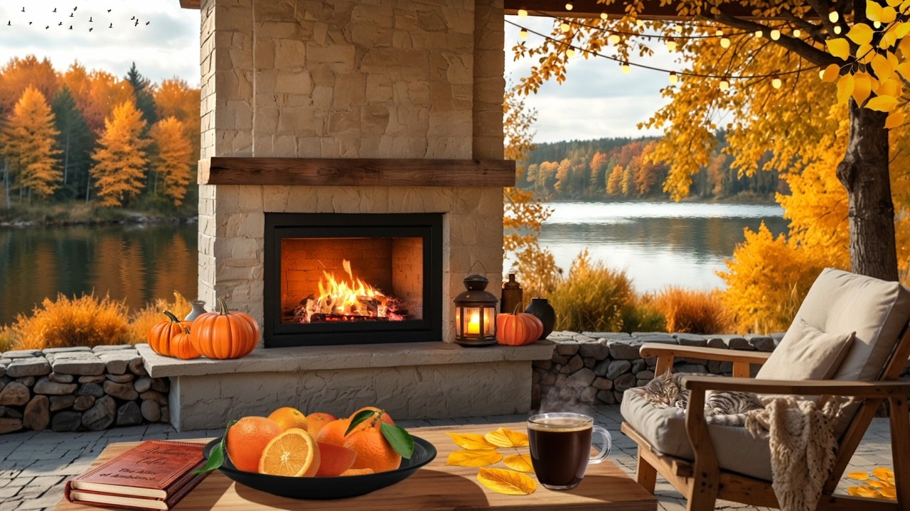 Autumn Morning Ambience 🍂 Cozy Fireplace by the Lake & Relaxing Nature ...