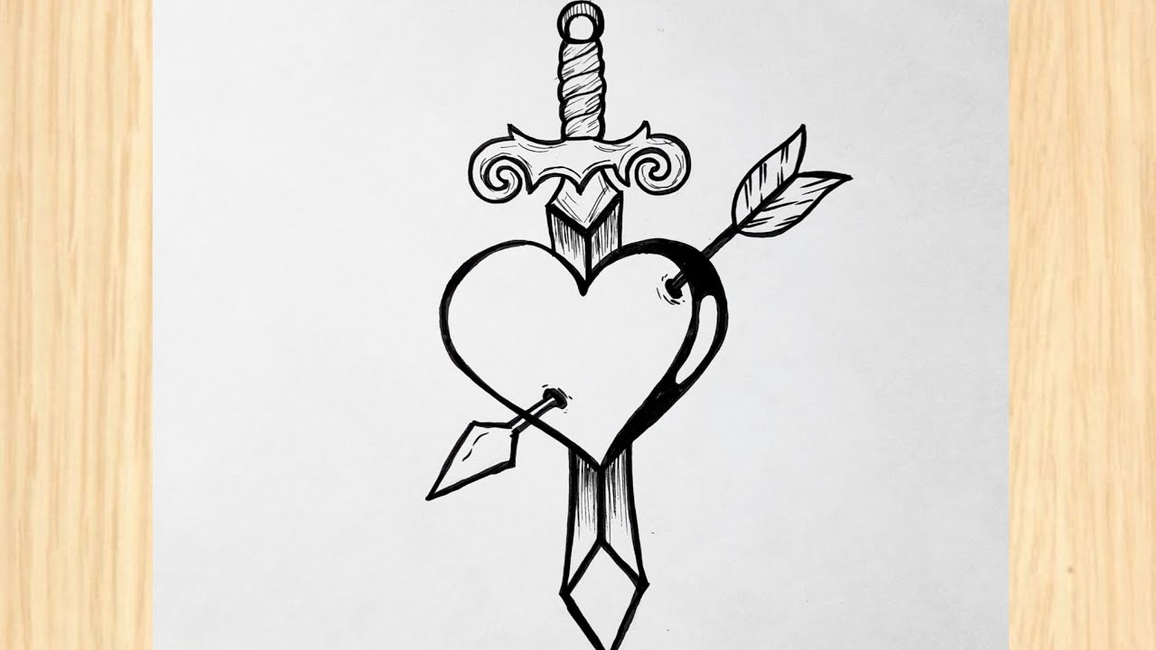 How to draw a sword with heart tattoo || Tribal sword drawing - YouTube