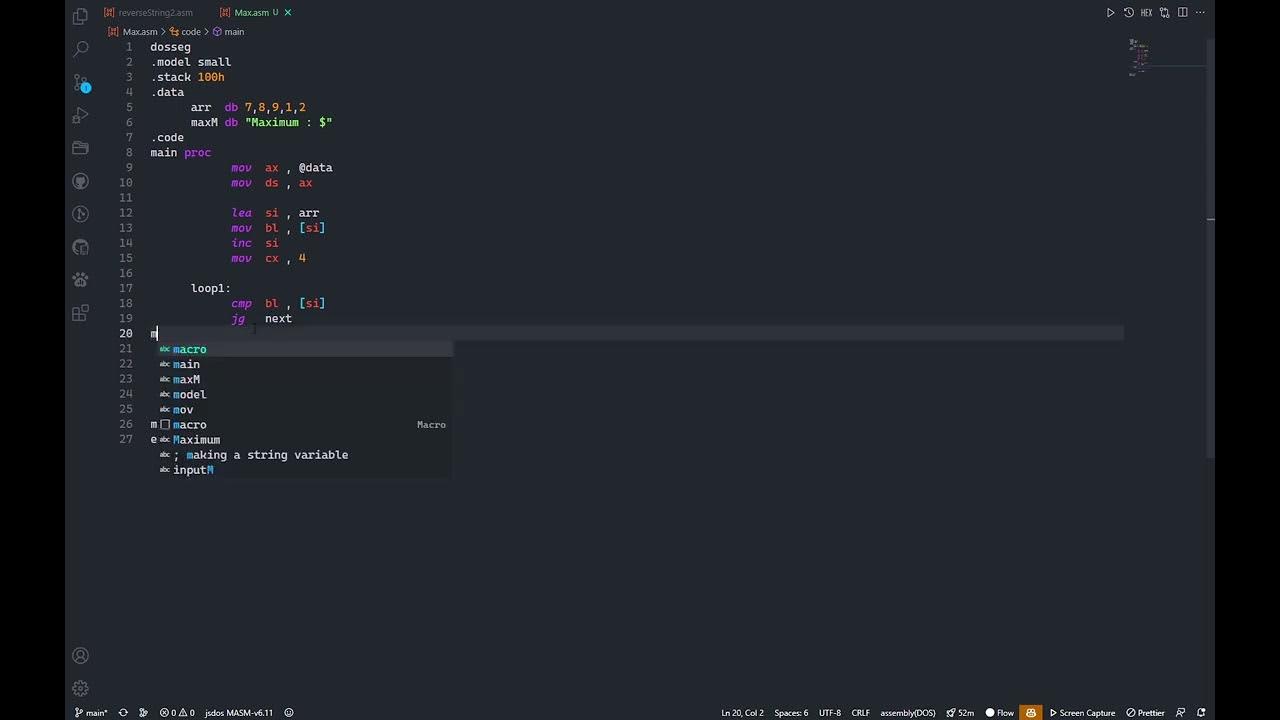 Masm 8086 Finding The Largest Number In An Array Youtube