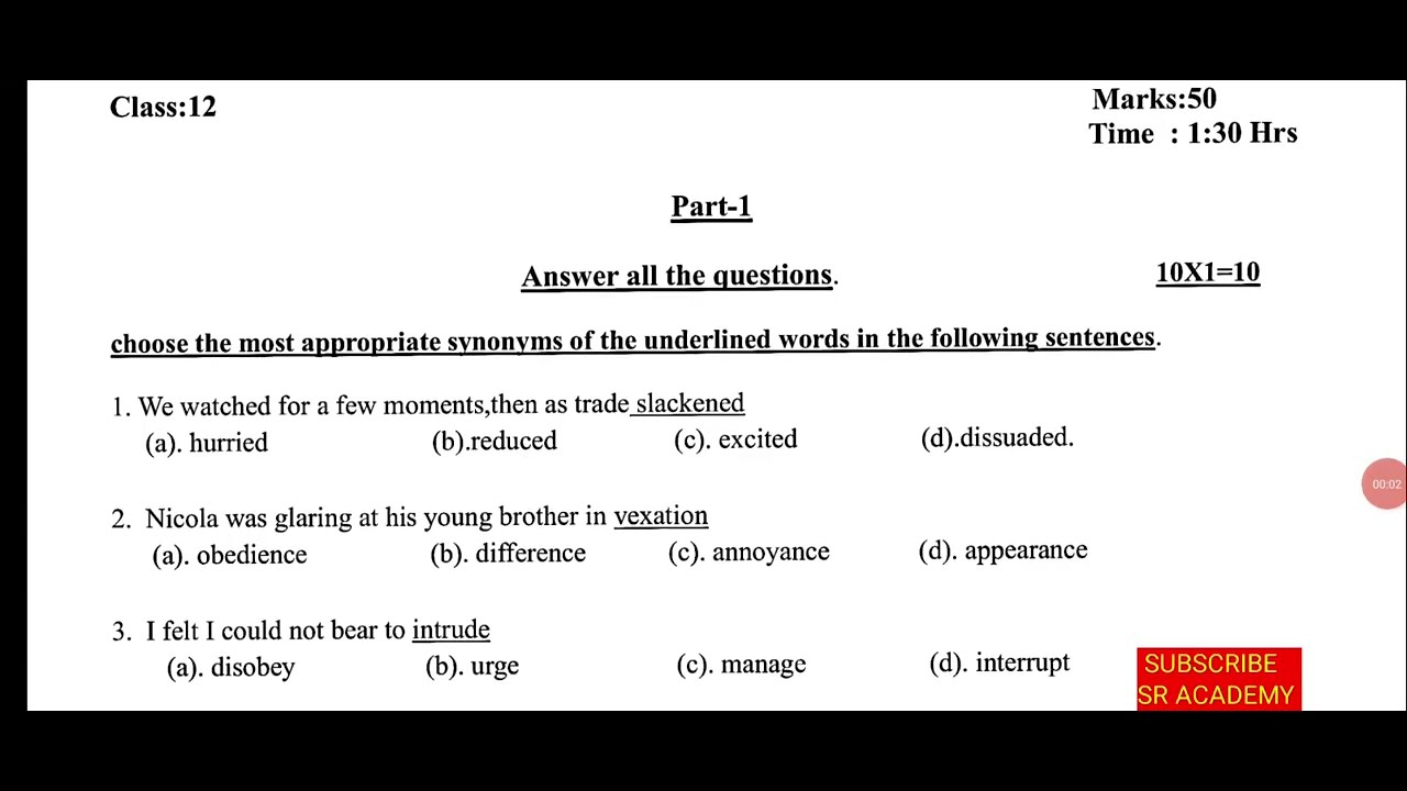 12th std English 1st unit test question paper new syllabus thiruvarur ...