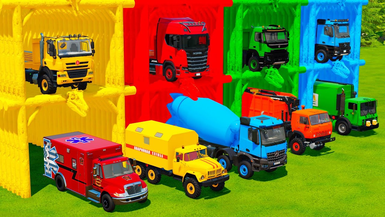 TRANSPORTING AMBULANCE, MIXER TRUCK & GARBAGE TRUCK WITH IT RUNNER ...