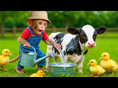 Mono BUBU está echando agüita en un balde rodeado de vaquitas y patitos!? 🐮🪣🦆💦