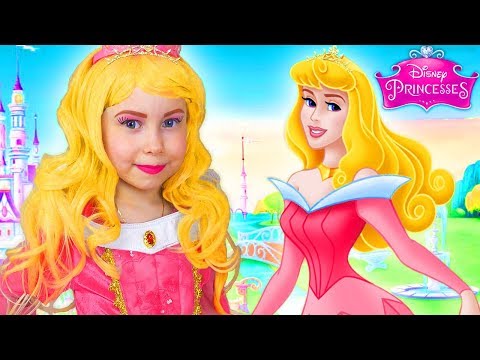 Disney Princess Aurora Costume & Kids Makeup Pretend Play and DRESS UP in a Real Princess Dresses