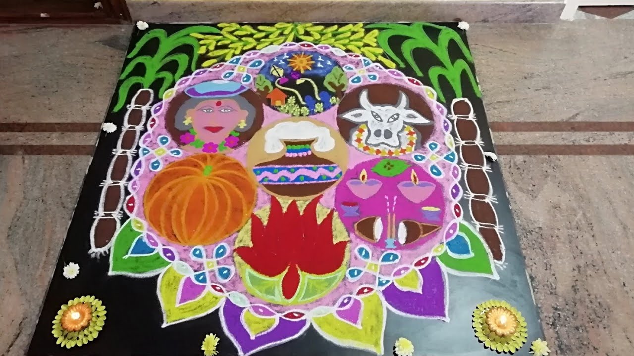 Sankranthi theme Rangoli// pongal special - YouTube