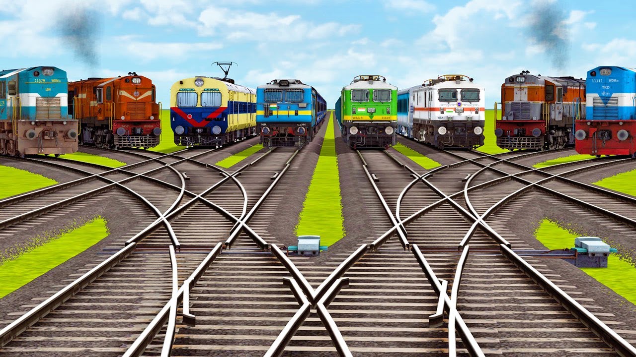 8 TRAINS CROSSING ON BUMPY FORKED RAILROAD CROSSING | Train Simulator ...