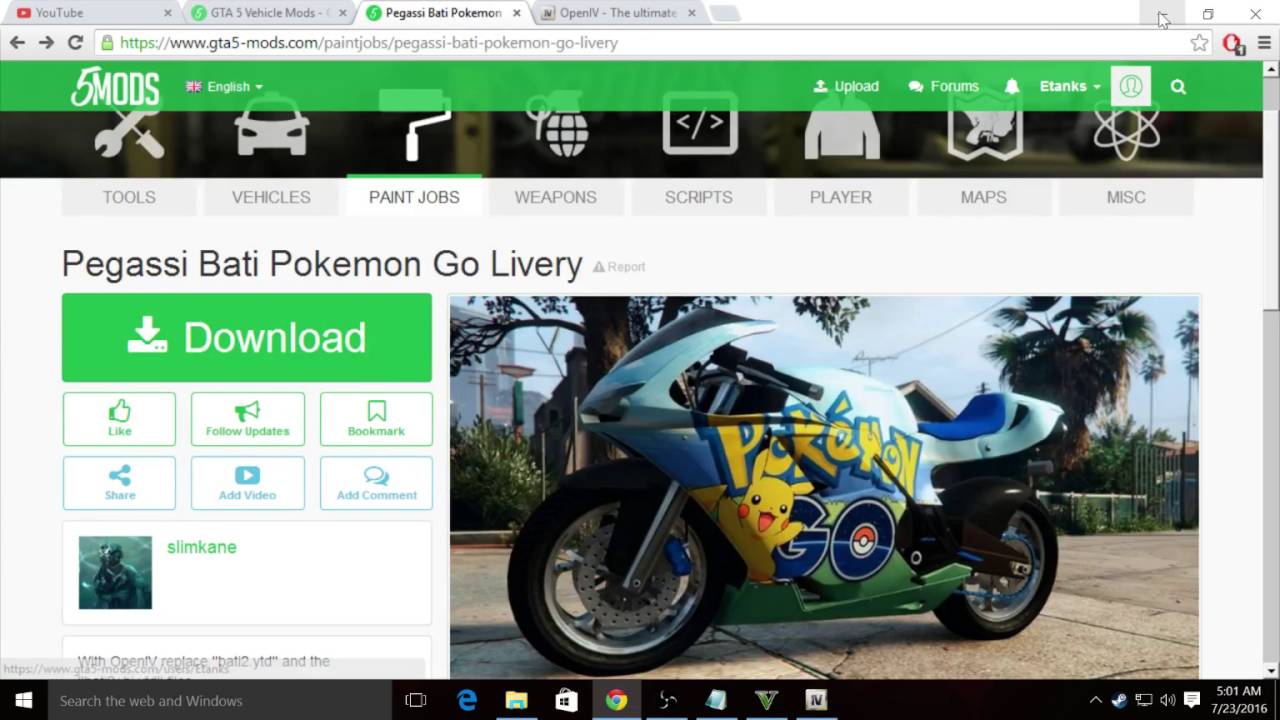 GTA 5 Mods PoKemon Go Bike Motorcycle and Open IV Download Walk though ...
