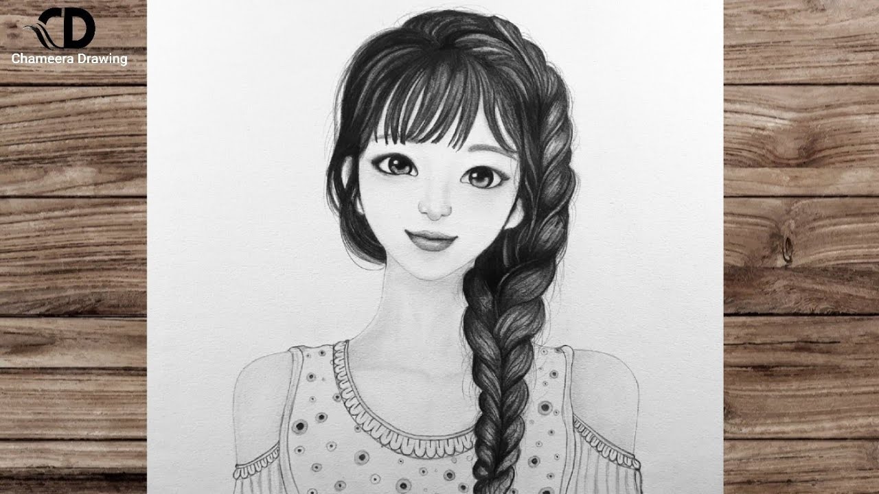 A cute girl with beautiful hair pencil sketch drawing// how to draw a ...