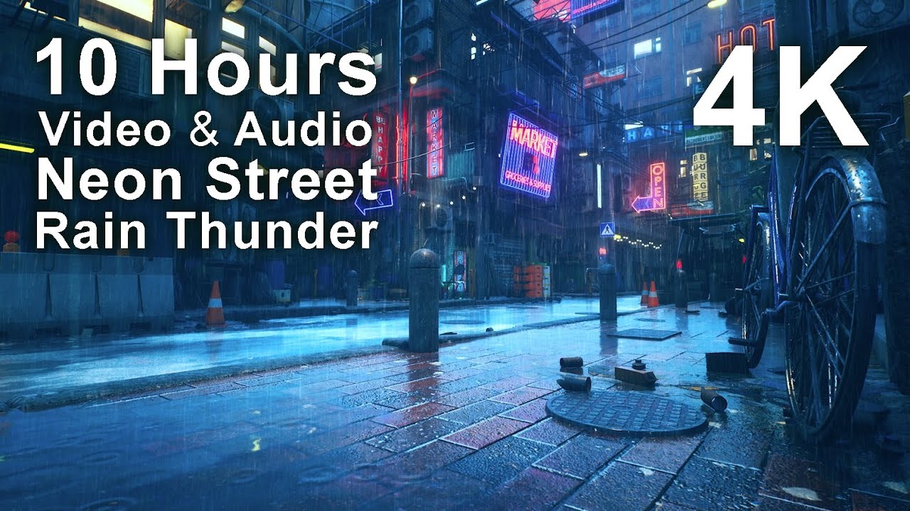 4K 10 hours - Neon Street Rain Thunder Projector - relaxing, gentle ...