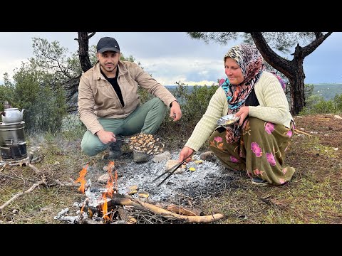 Dağların Uçurumlarından Kuzu Göbeği Mantarı Topladık ‼️ Semaver’de Çay ✅ Közde Mantar Ve Patates 👩‍🌾