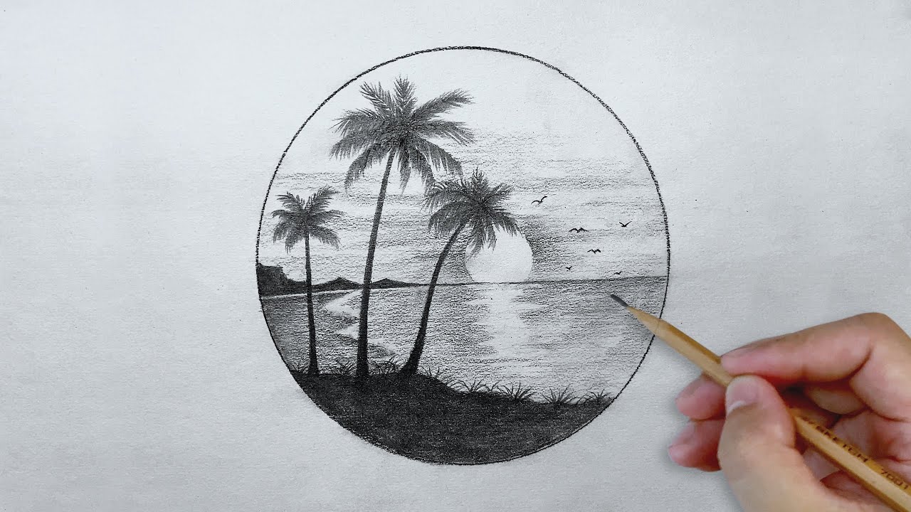 Landscape Sketch | Drawing Coconut tree and Sea with pencil | Narrated ...