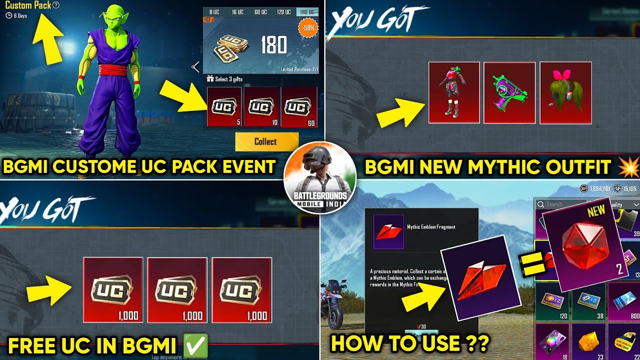 🤩BGMI CUSTOME UC PACK EVENT | FREE UC IN BGMI💥| HOW TO UC MYTHIC EMBLEM ...