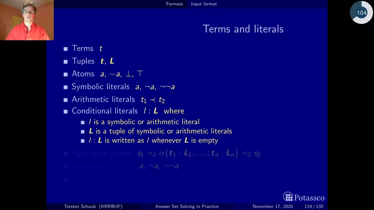 Answer set solving in practice, language, formats (input, terms and ...