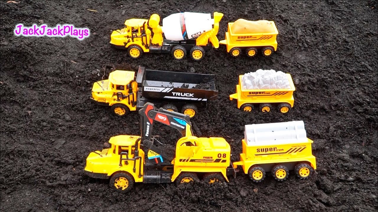 Kids Toy Diggers - 3 Construction Trucks with Trailers Unboxing and ...