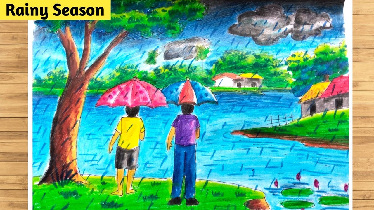 Rainy Season Scenery Drawing // Rainy Day Drawing // Monsoon Season ...