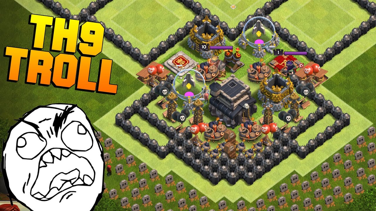 Clash of Clans | New TH9 Troll Base | The Wall | + Noob Attacking Fails ...