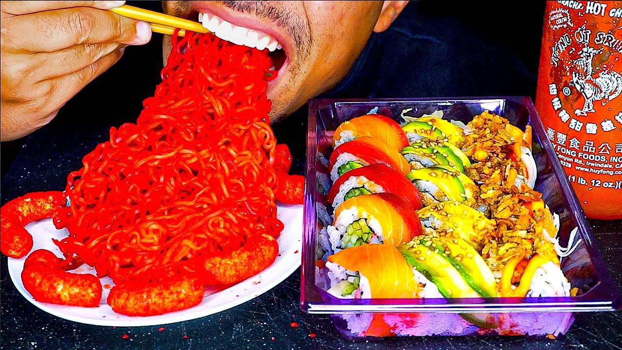 ASMR Extreme Spicy Noodles and Sushi Sashimi Platter Challenge *ASMR ...
