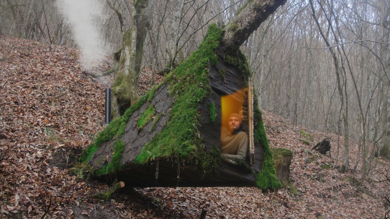 Built a Warm Shelter on a Tree in Winter - YouTube