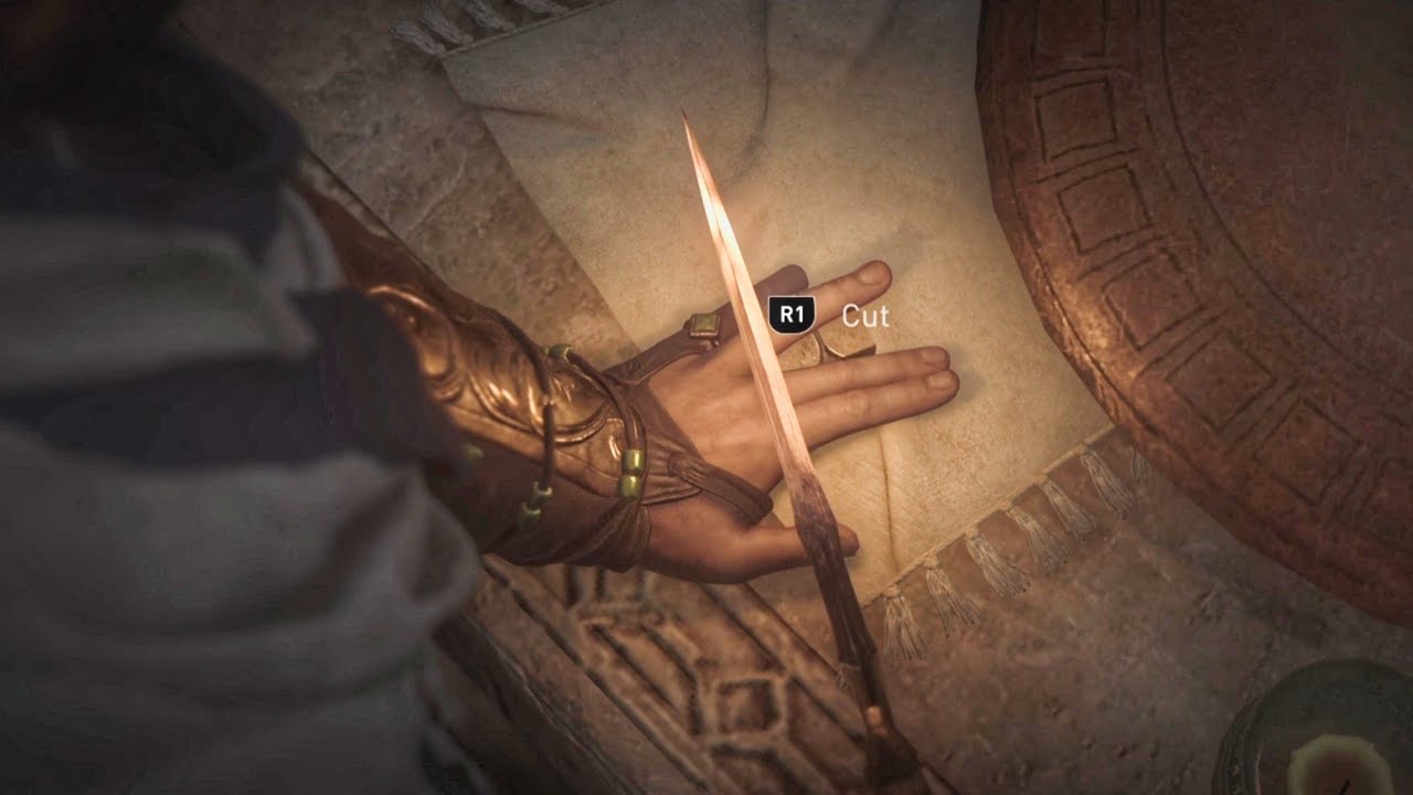 Basim cuts his finger to equip a hidden blade - YouTube