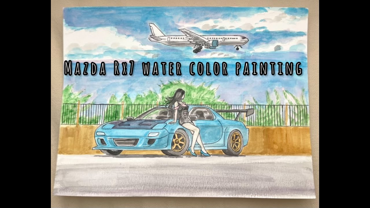Water Color Painting of a parked RX7 and a Fly by Boeing Airplane - YouTube