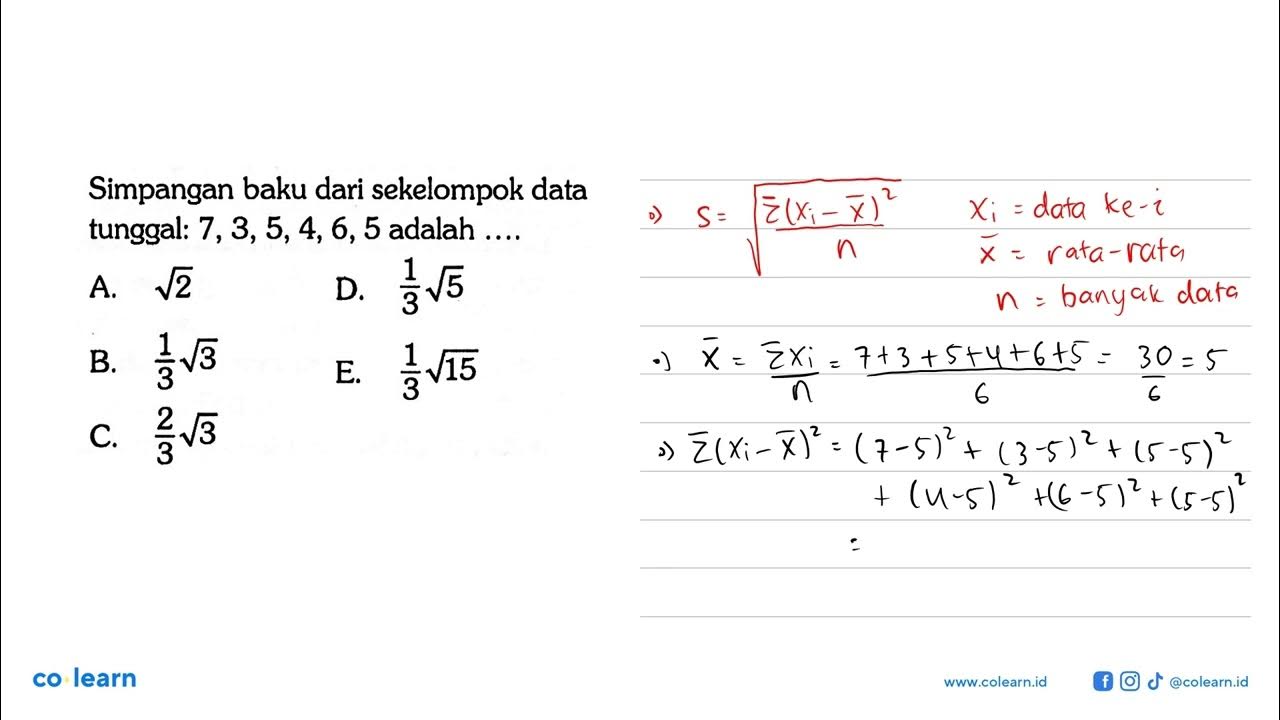 Simpangan baku dari sekelompok data tunggal: 7, 3, 5, 4, 6, 5 adalah .... - YouTube