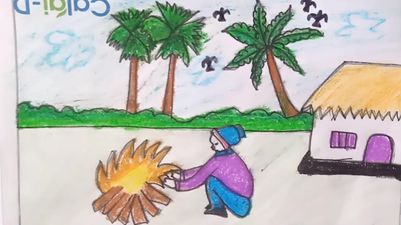 How to draw winter season village scenery step by step - YouTube