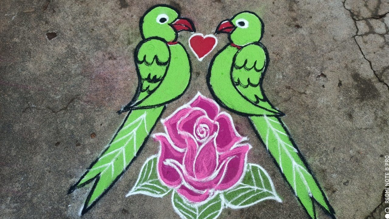 Valentine's day special parrot rangoli | love parrot rangoli | easy ...