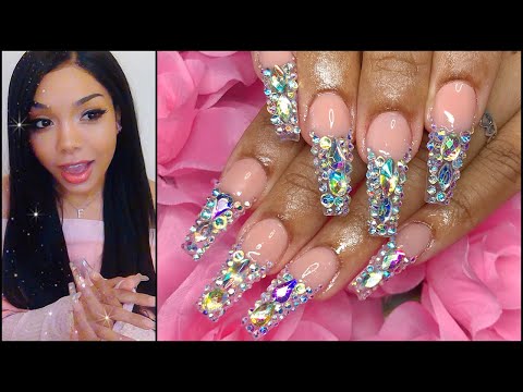 FACECAM Tutorial 🥰 Coffin Nails Bling French Tips! Inexpensive & Luxurious
