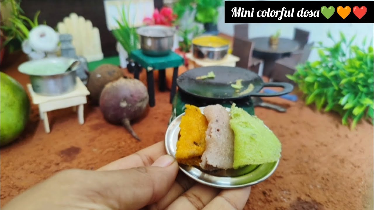 mini colourful dosa ️💚🧡|tiny cooking|mini dosa| miniature cooking|dosa ...