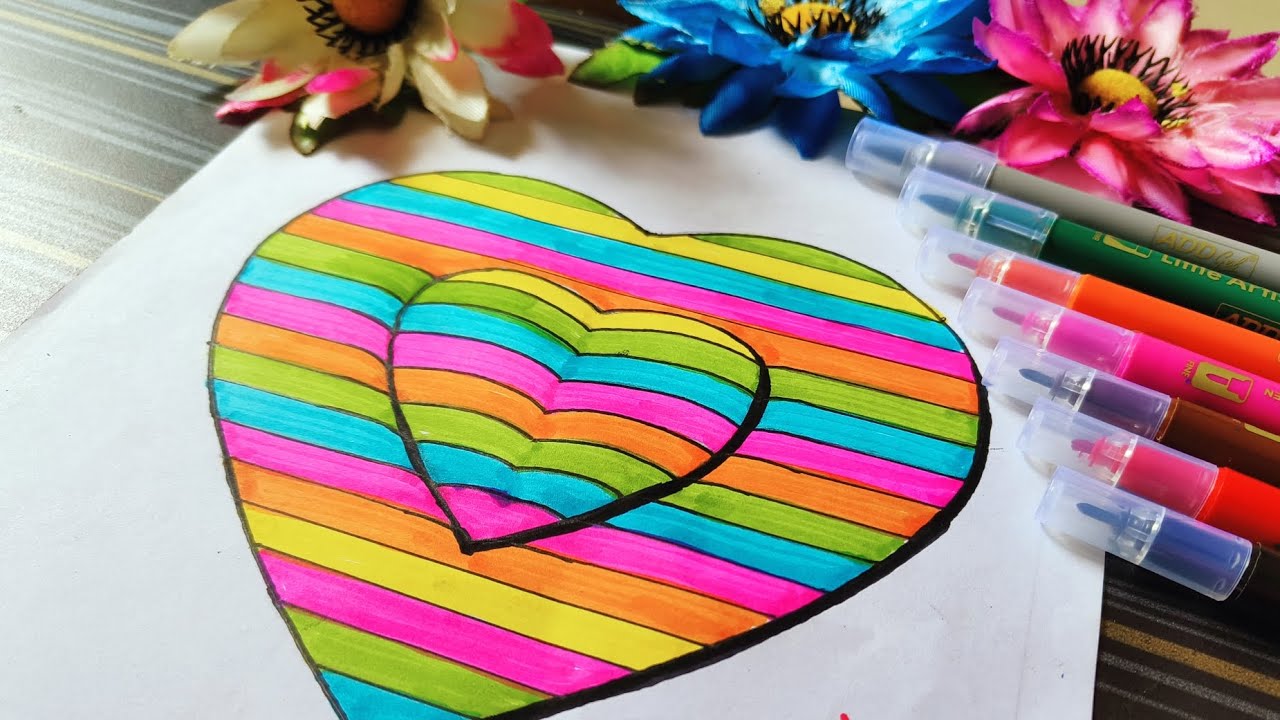 How to Draw Heart 3D Art Work Rainbow ️| How to Draw Heart Shape # ...