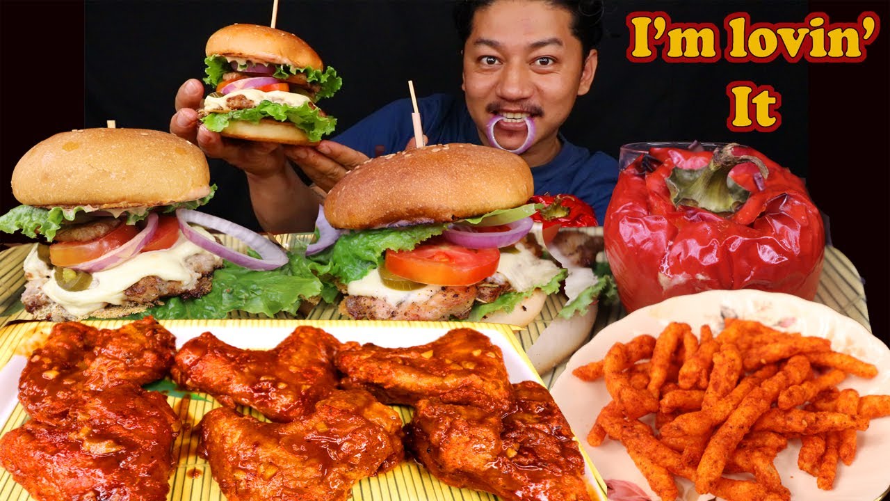Spicy Chicken wings, Double cheese chicken burger, Pork Burger Mukbang ...