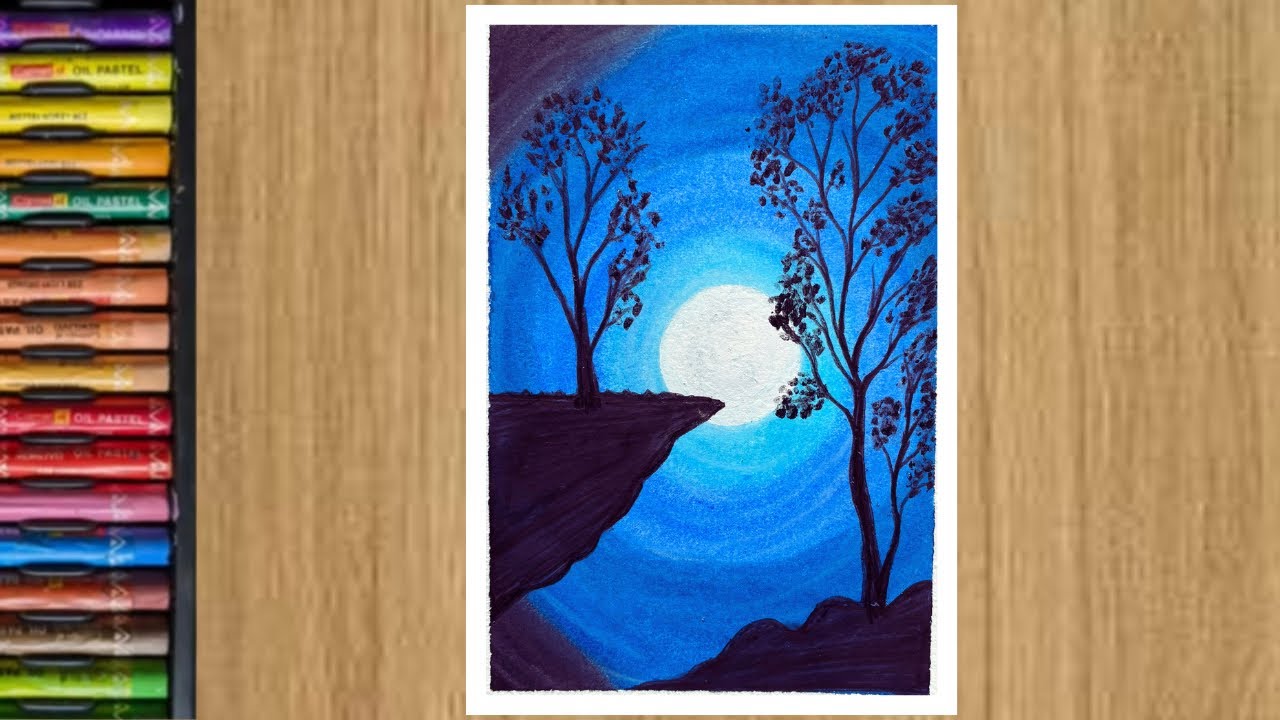 How to draw moon light scenery with oil paste/for beginners step by ...