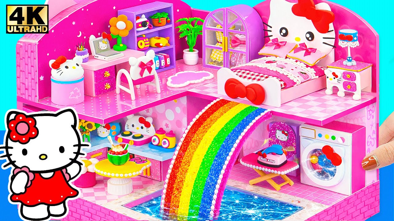 Build Hello Kitty House with Pink Bedroom, Washing Machine & Rainbow ...