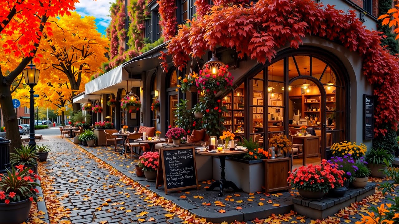 Relaxing Fall Jazz by the Café 🍁 Scenic Street Ambience with Soft Jazz ...