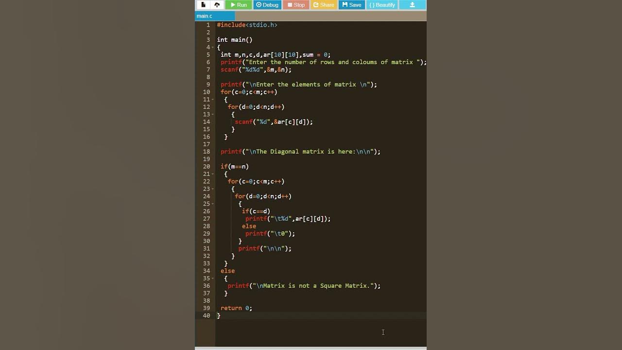 Print Diagonal Elements Of Matrix In C Shorts Youtube