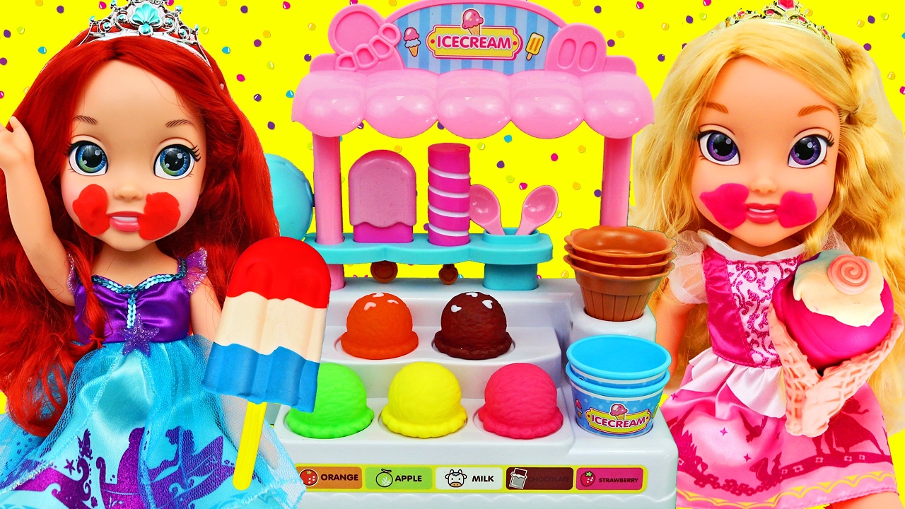 ICE CREAM MESS!!! Disney Princess Dolls Eat Play Doh Popsicles & Cones ...