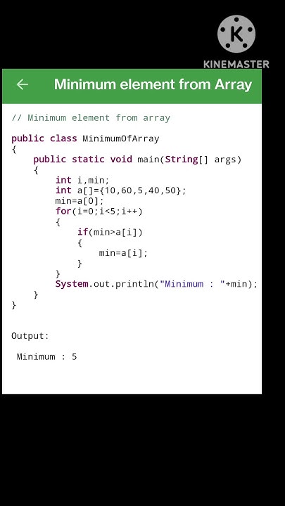 Code To Find Minimum Element From Array Arrayinjava Ytshorts Java Javaprogram Shorts Array