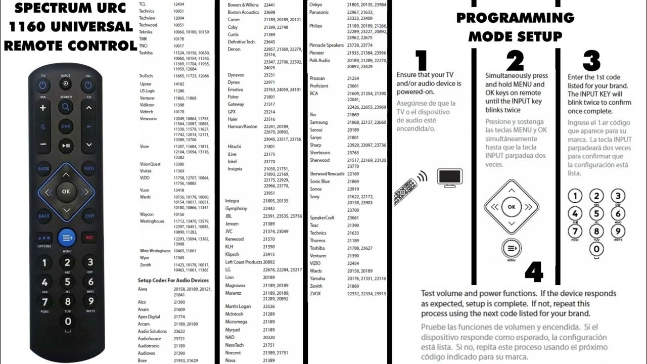 Spectrum URC 1160 Universal Remote Control Codes - YouTube