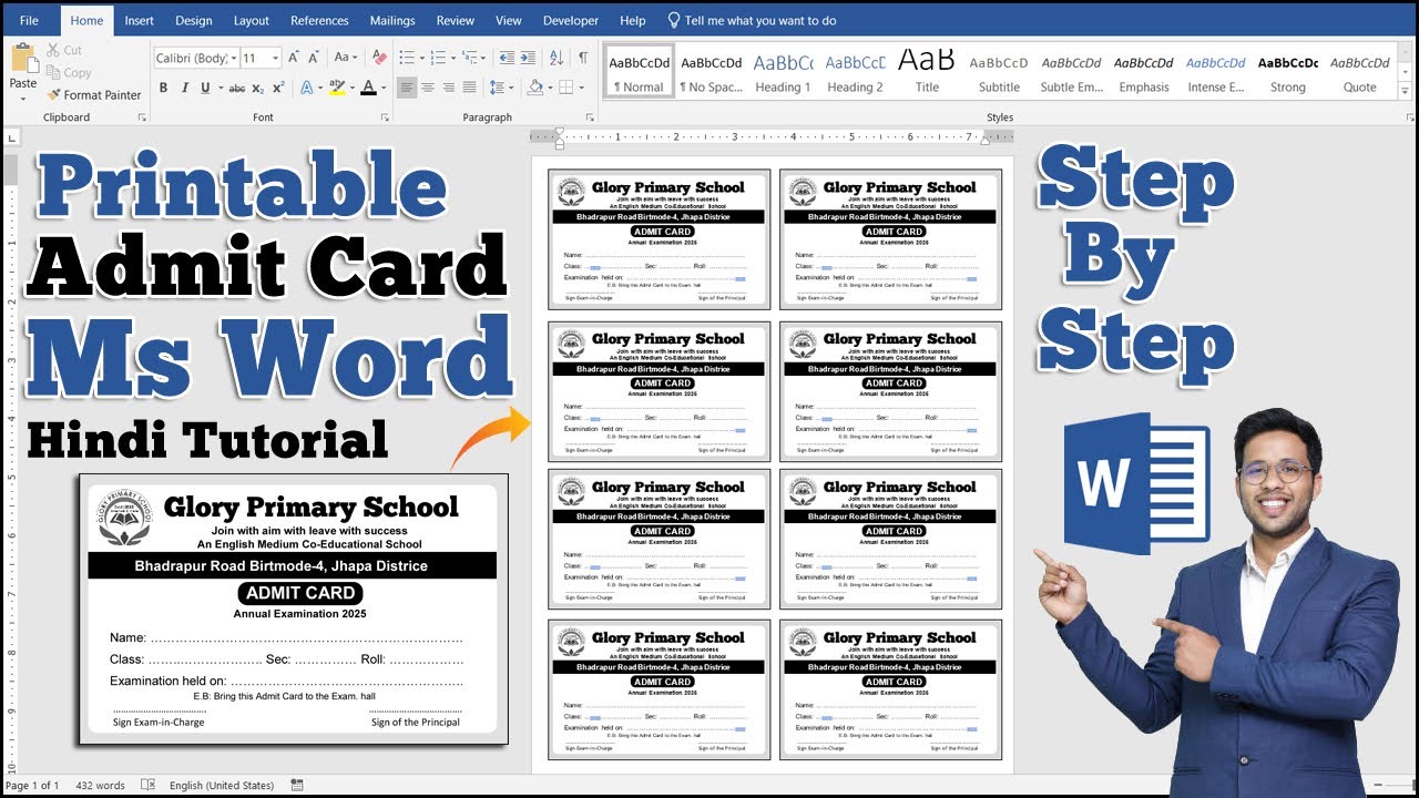 Printable School Admit Card in Ms Word Hindi Tutorial || ms word me ...