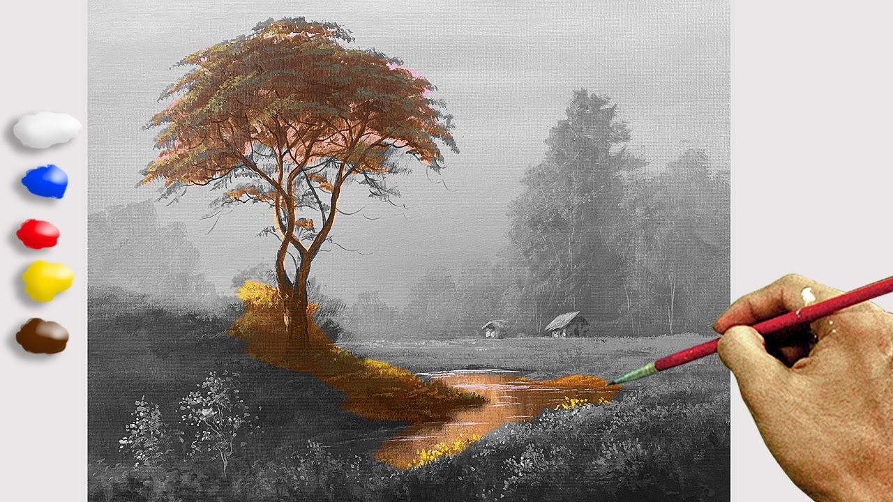 How to Paint a Tree in Autumn Landscape in Acrylics / Time-lapse ...