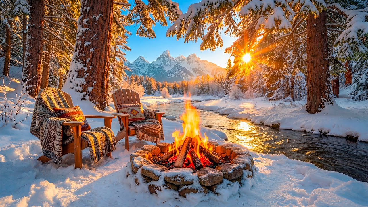 Early Morning Snowy Forest Campfire by the River ️🔥 Calming Fire Sounds ...