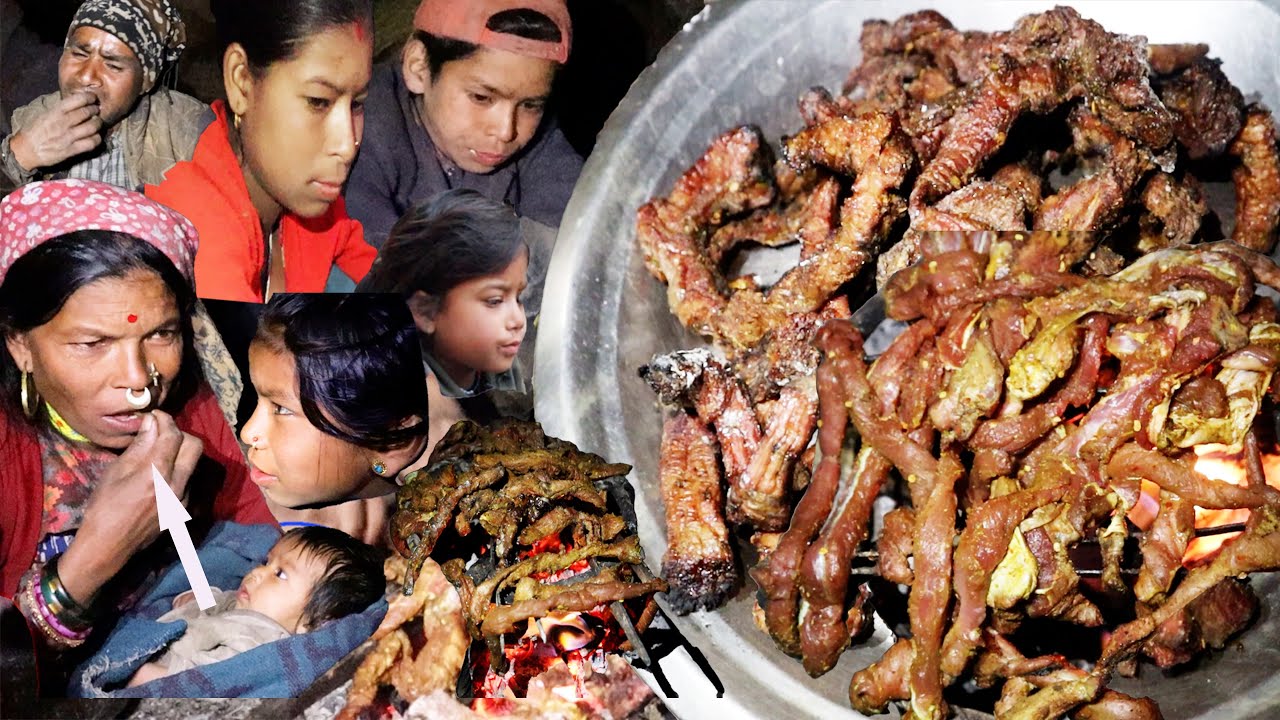 Dharme brother family enjoying buff BBQ Sekuwa in the village Nepal ...