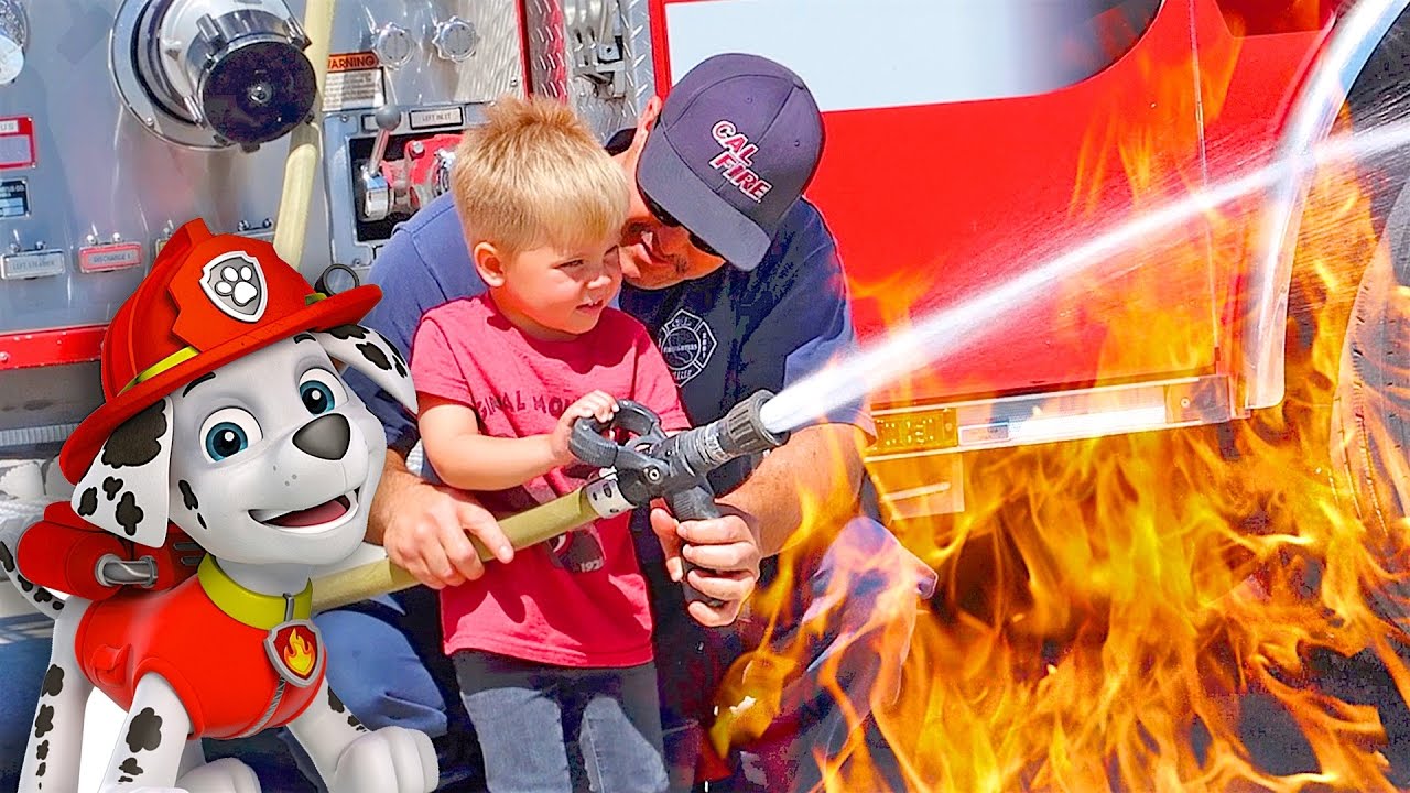 FIRE TRUCK PLAYTIME! Toddler puts out fire with hose! - YouTube