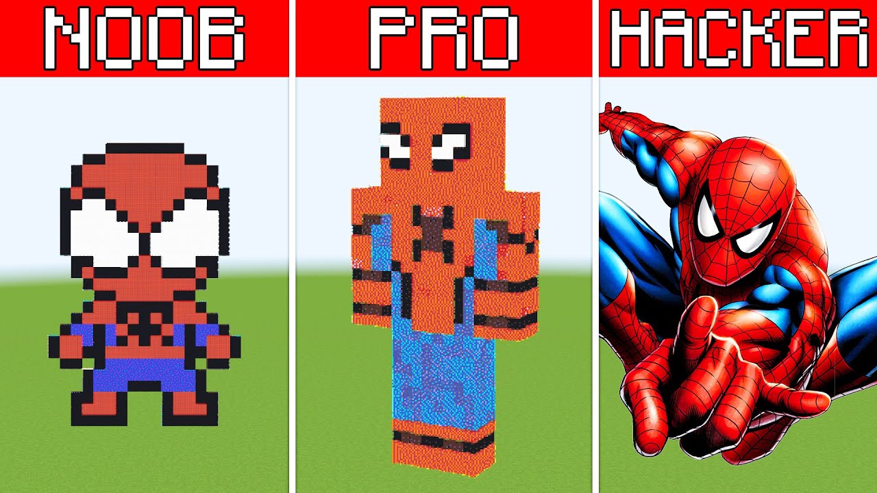 pixel art noob vs pro vs hacker spider man in minecraft - YouTube